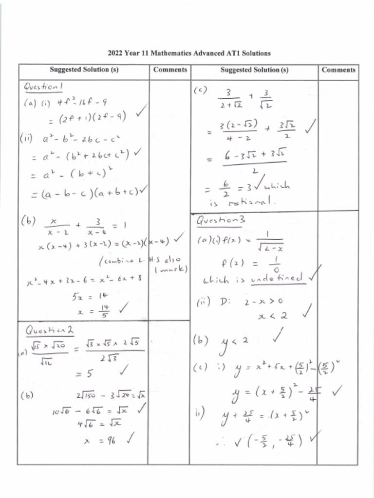 2022 Year 11 Advanced Math Solutions | PDF