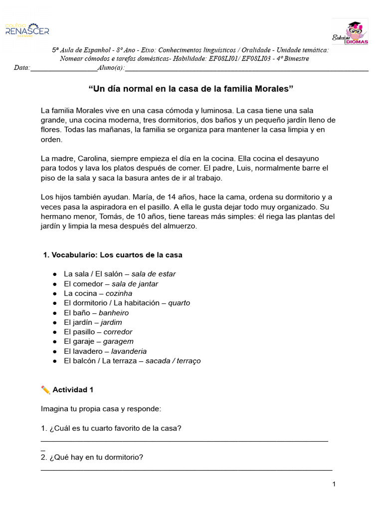 5 Aula - 8º Ano - La Casa y Los Quehaceres Domésticos - Prof. Sukaine ...