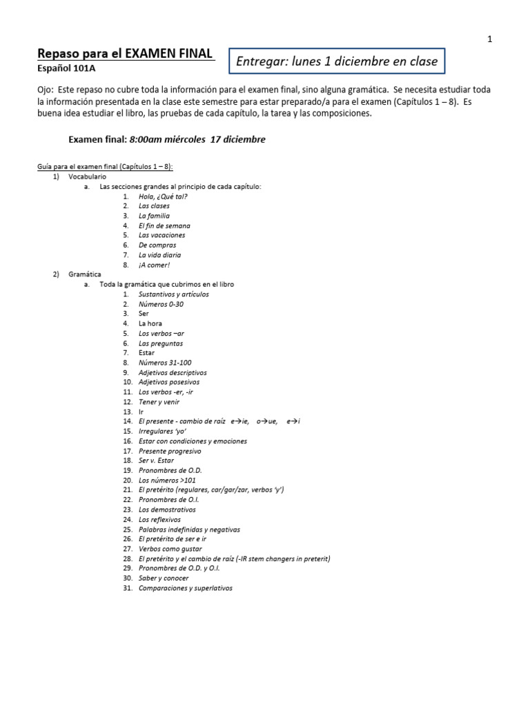 Repaso para El Examen Final 101a | PDF | Lingüística | Gramática