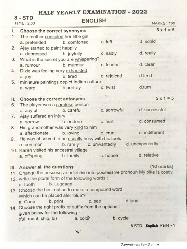 8th English Half Yearly Exam 2022 Original Question Paper Tirupattur ...