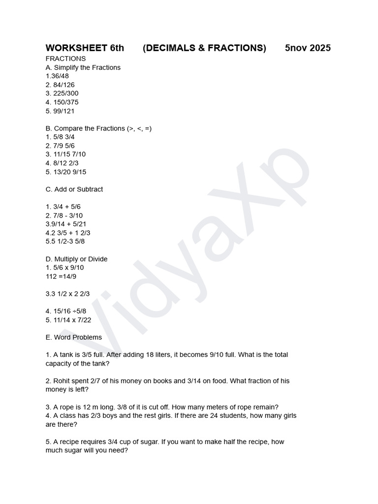 Worksheet 6th (Decimals & Fractions) 5nov 2025 | PDF | Chess Theory | Chess