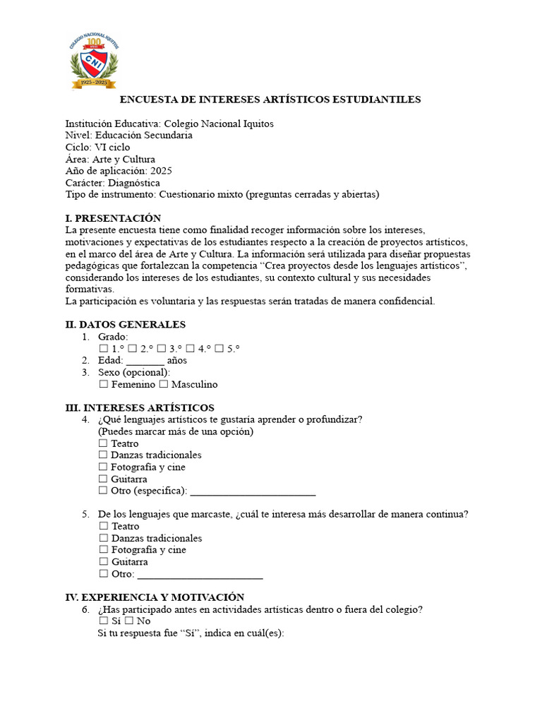 Encuesta de Intereses Artísticos Estudiantiles | PDF | Metodología de ...