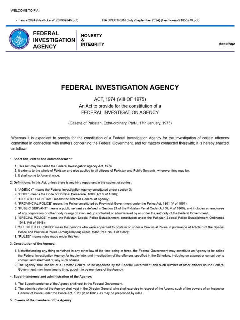 Federal Investigation Agency Act Overview | PDF | Prosecutor | Arrest ...