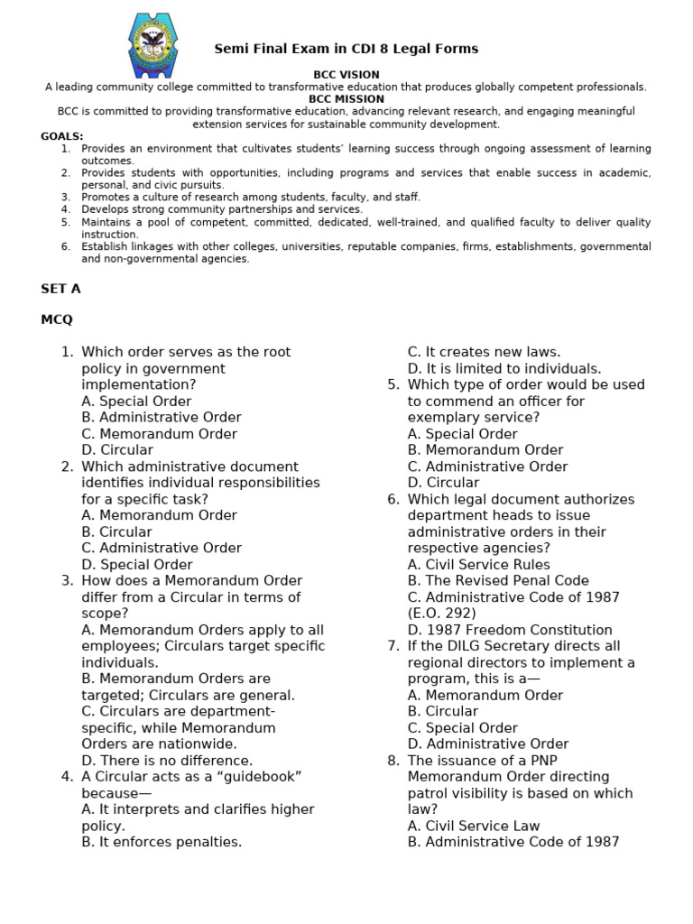 CDI 8 Legal Forms Exam Questions | PDF | Policy | Memorandum