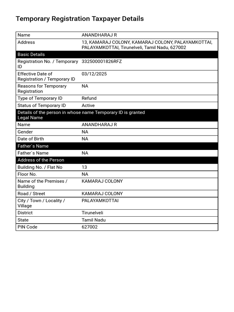 Temporary Registration Taxpayer Details | PDF