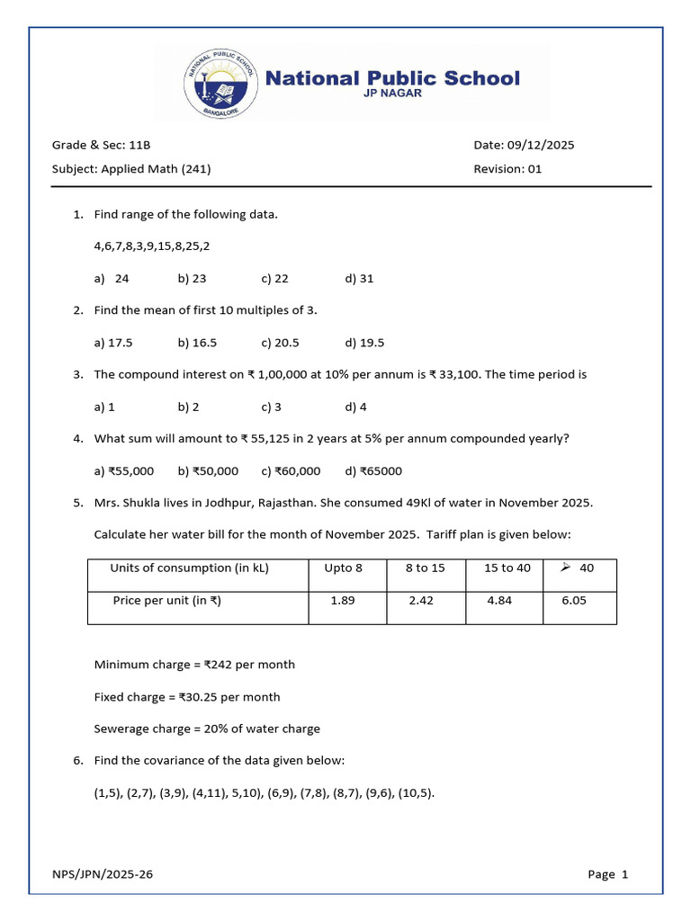 Grade 11 Applied Math PT - 2 Revision Worksheet 1 | PDF