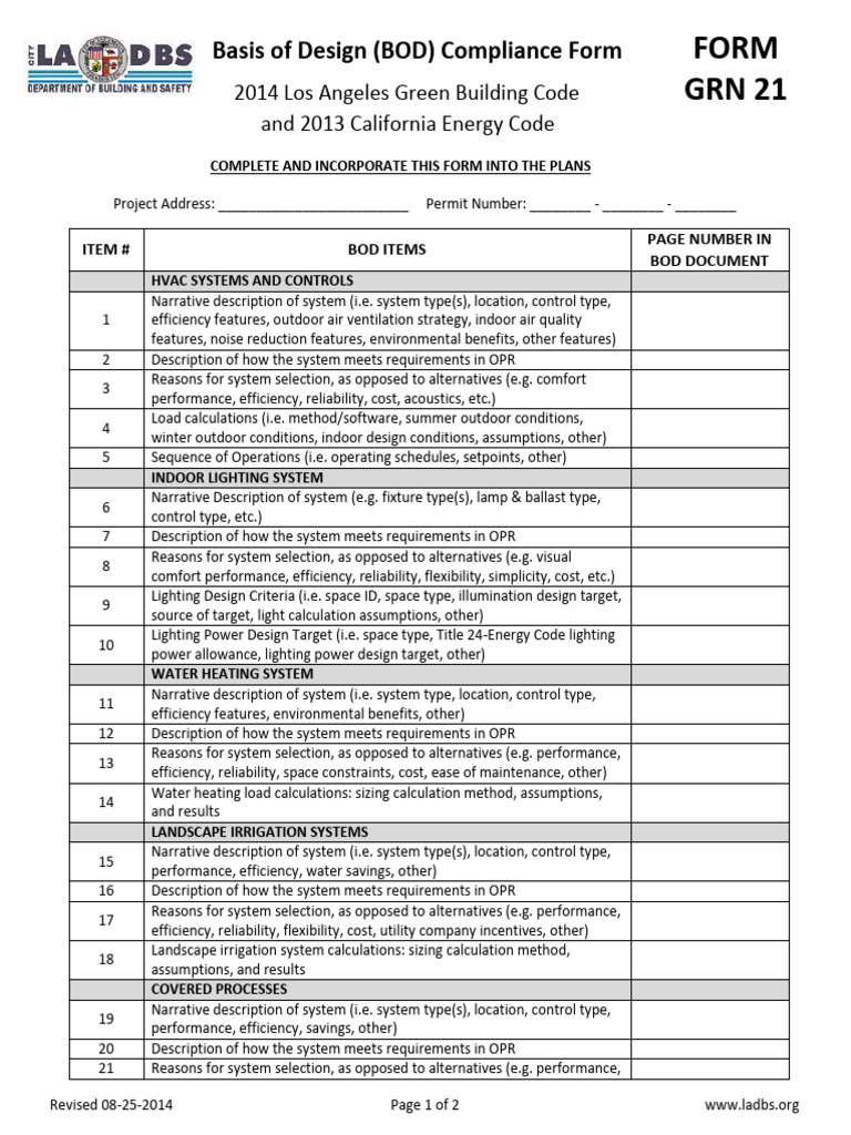 Basis of Design (Bod) (Effective 7 1 14) GRN - 21 - 2014 | PDF ...