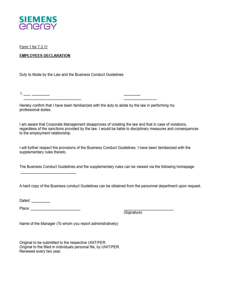 Employee Declaration of Conduct Compliance | PDF