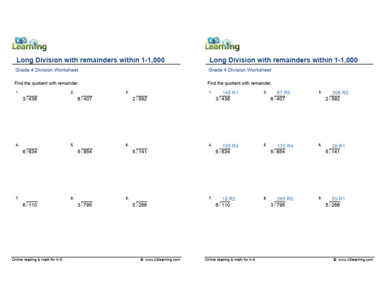 Grade 4 Long Division Worksheet | PDF
