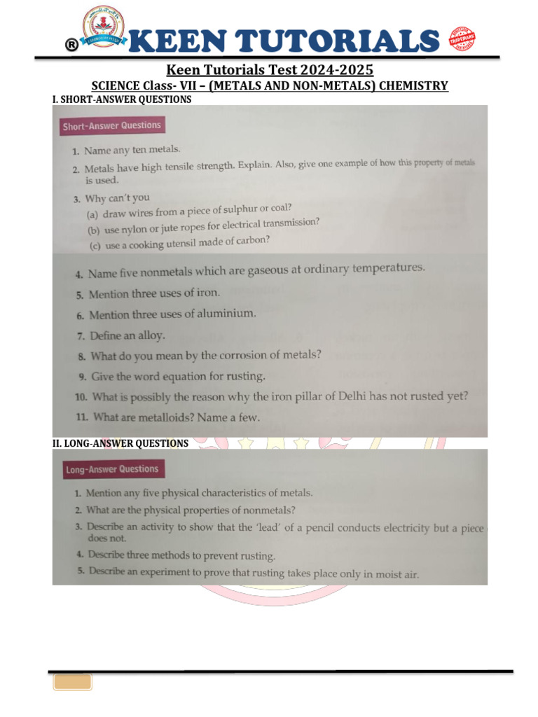 KT Test Class VII ICSE Chemistry Metal 2024-25 | PDF