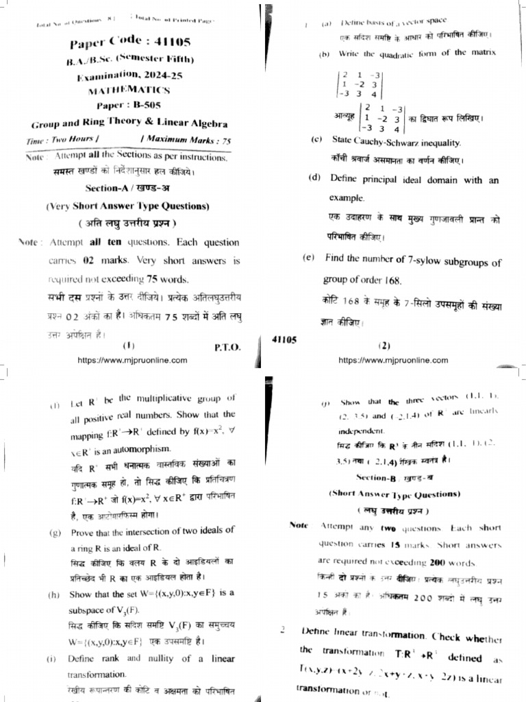 Ba BSC 5 Sem Mathematics Group and Ring Theory and Linear Algebra 41105 ...