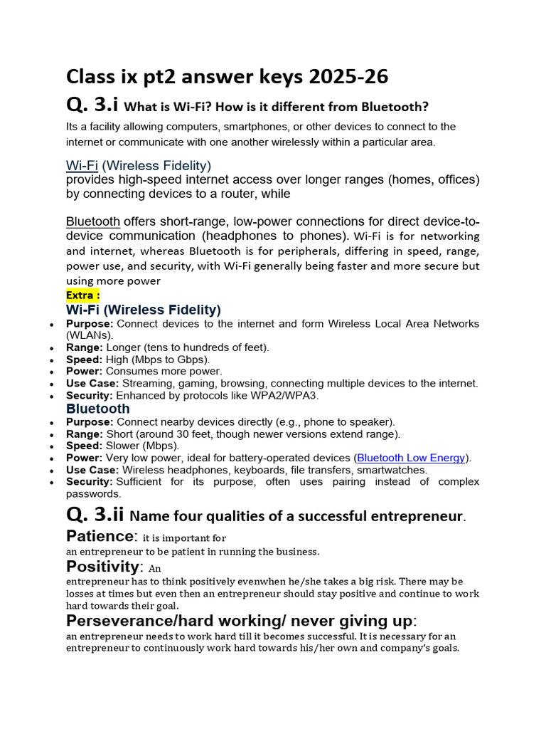 Answer Keys PT2 Class IX | PDF | Wi Fi | Entrepreneurship