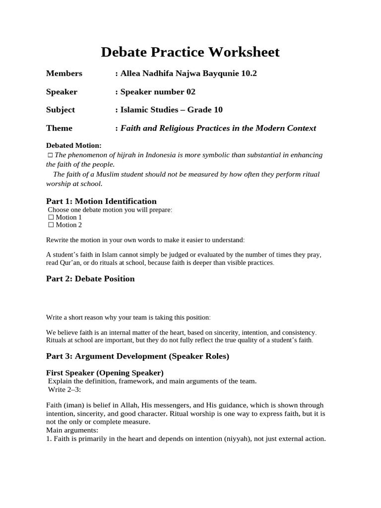 Debate Practice Worksheet | PDF | Faith | Argument