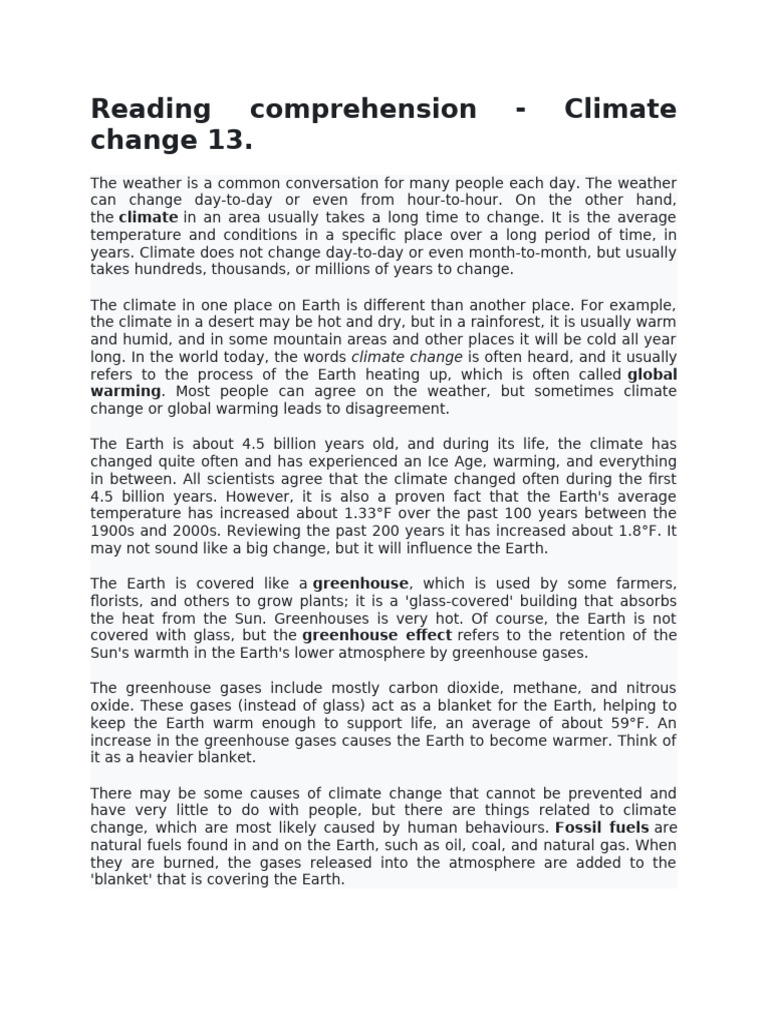 Reading Comprehension - Climate Change | PDF | Climate Change ...