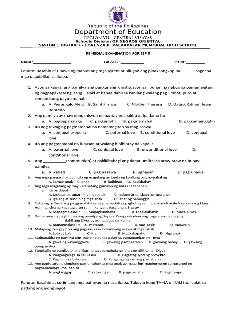 Remedial Exam Esp 8 | PDF
