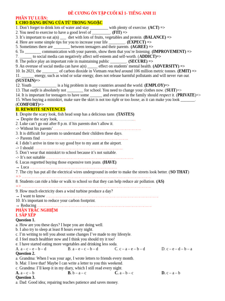 ĐỀ CƯƠNG ÔN TẬP CK1 | PDF | Adolescence | Climate Change