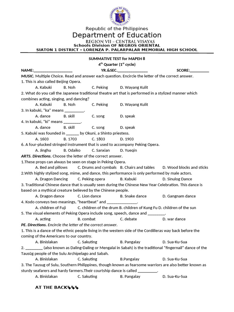 MAPEH 8 Summative Test - 4th Quarter | PDF