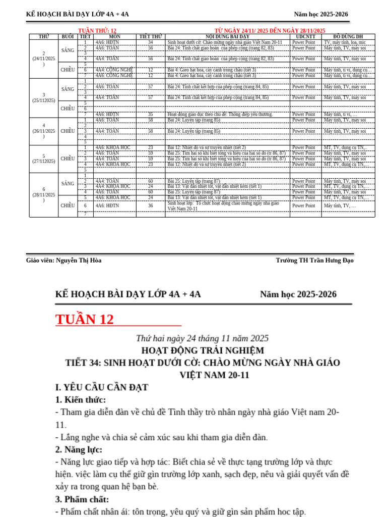 Tuan 12 - KHBD - 4a + 4a - Ng. Hoa (2025-2026) | PDF