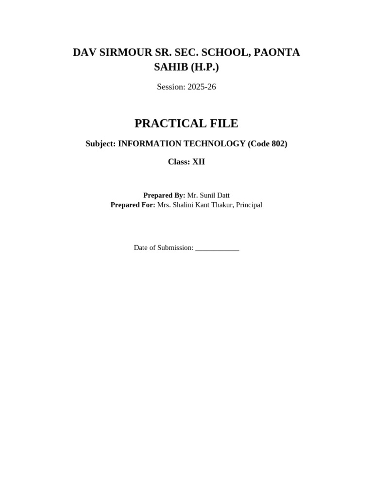 IT Practical File for Class XII Students | PDF | Sql | Databases