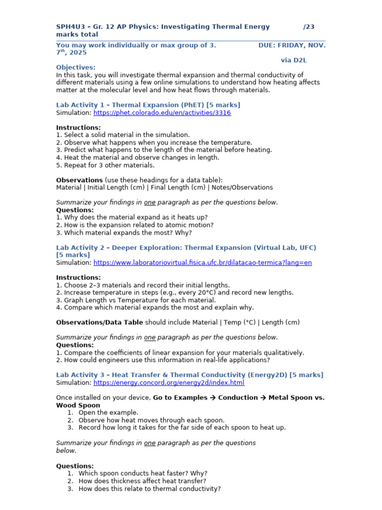 4U Investigating Thermal Energy Lab Activity | PDF | Heat | Thermal ...