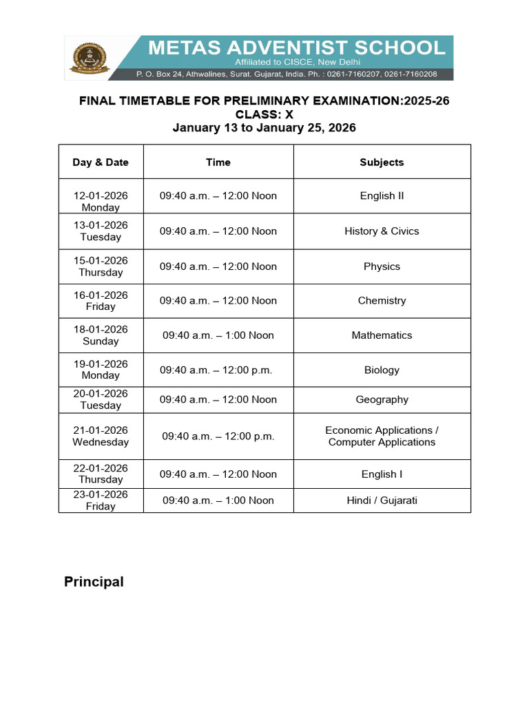 X Preliminary Examination Timetable - 2025 - 26 | PDF