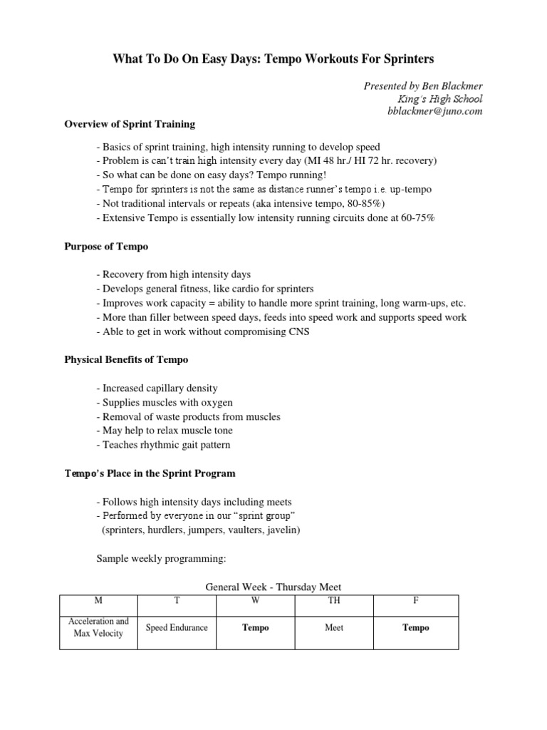 Tempo Workouts for Sprinters Guide | PDF | Recreation | Sports