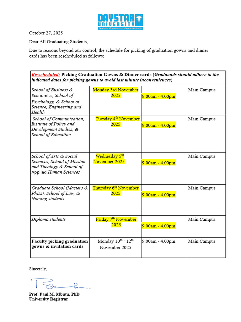 Picking of Graduation Gowns and Dinner Cards - Reschedule | PDF