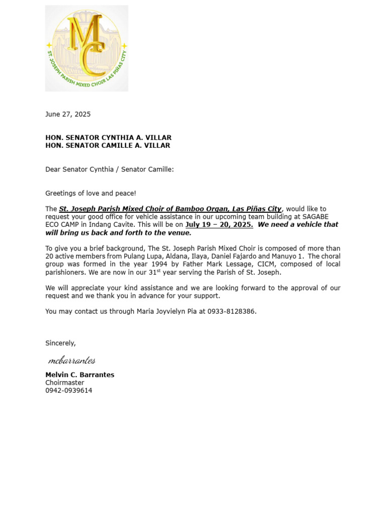 Mixed Choir Letter Vehicle Request | PDF