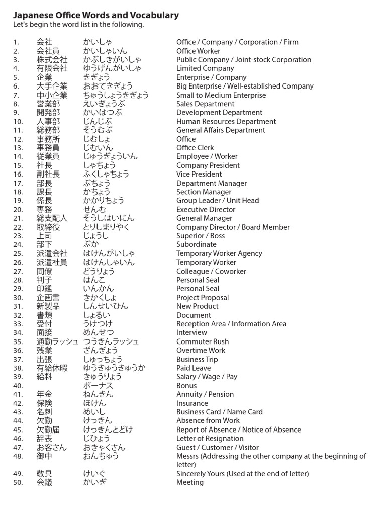 Japanese Office Words and Vocabulary | PDF