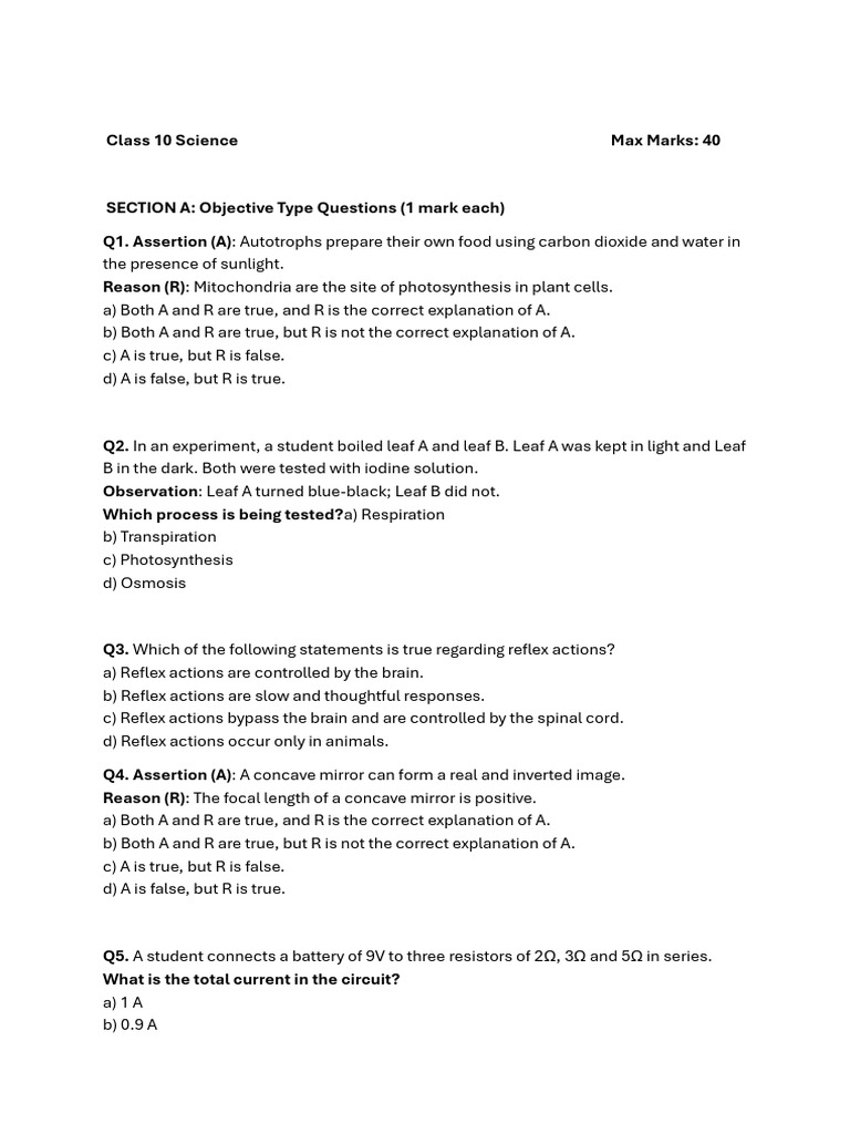 Class 10 Science Exam Questions Guide | PDF | Leaf | Redox