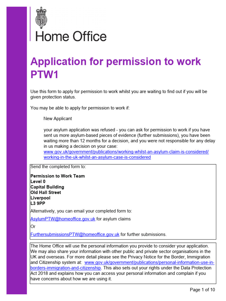Asylum Work Permission Application Form | PDF | Employment | Human ...