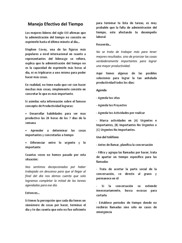 Manejo Efectivo Del Tiempo | PDF | Liderazgo | Ciencia cognitiva