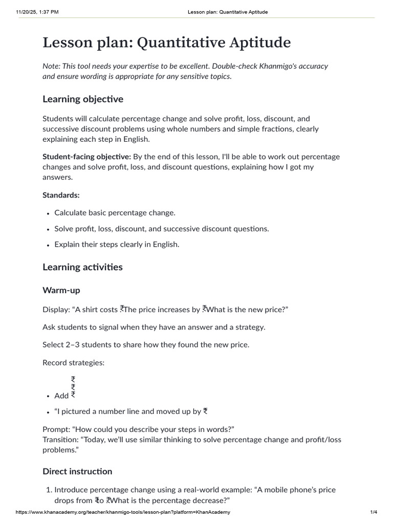 Lesson Plan - Khan Academy 3 | PDF | Percentage