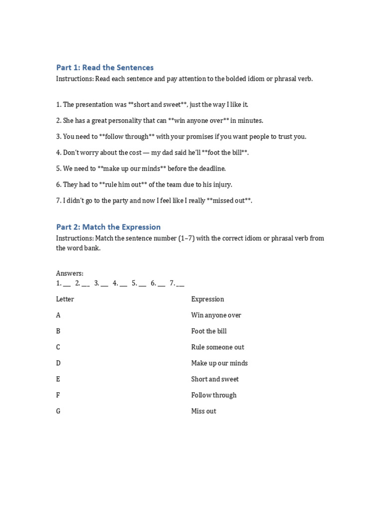 Idioms and Phrasal Verbs Student Worksheet | PDF | Linguistics | Grammar