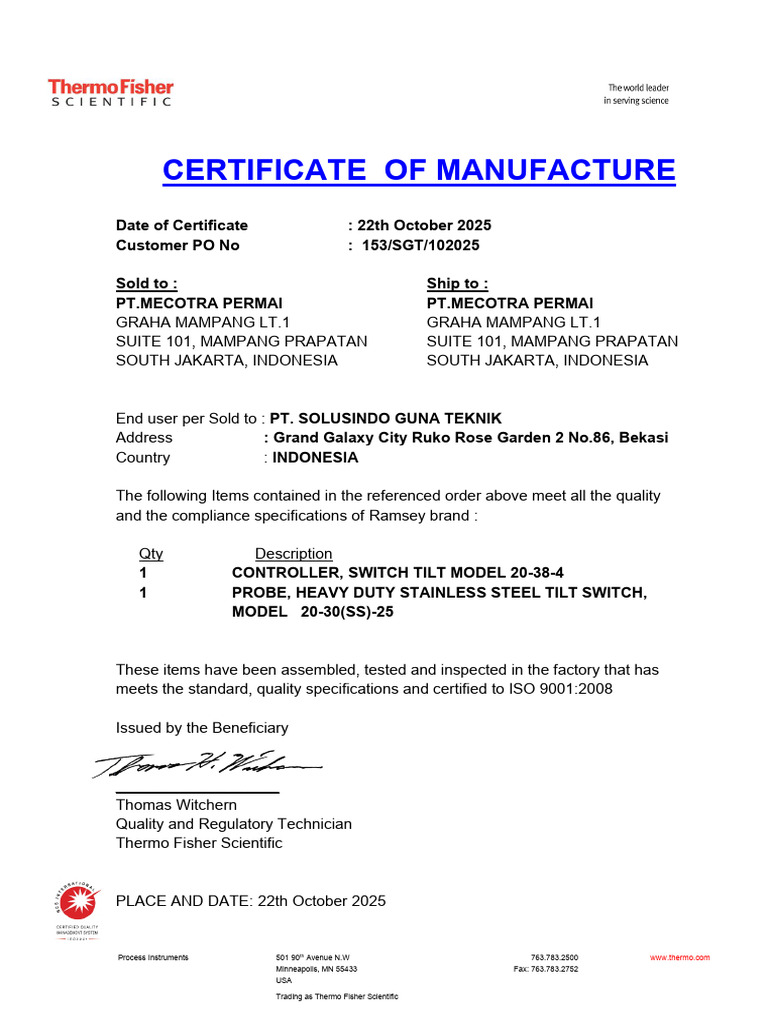 Certificate of Manufacture - PT. Solusindo Guna Teknik | PDF