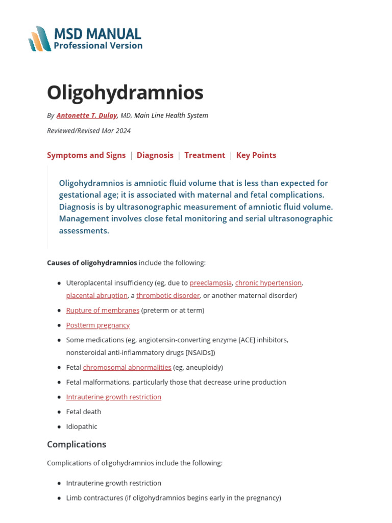 Understanding Oligohydramnios: Causes & Management | PDF | Diseases And ...
