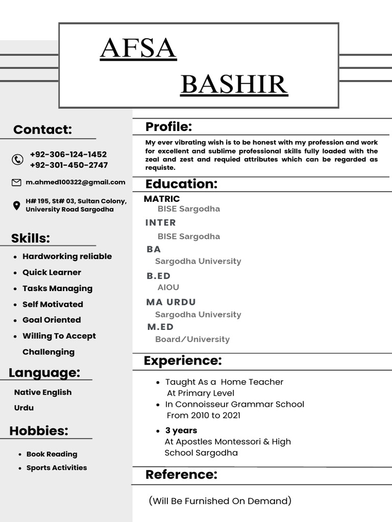 AFSA Bashir: Educator Profile Summary | PDF