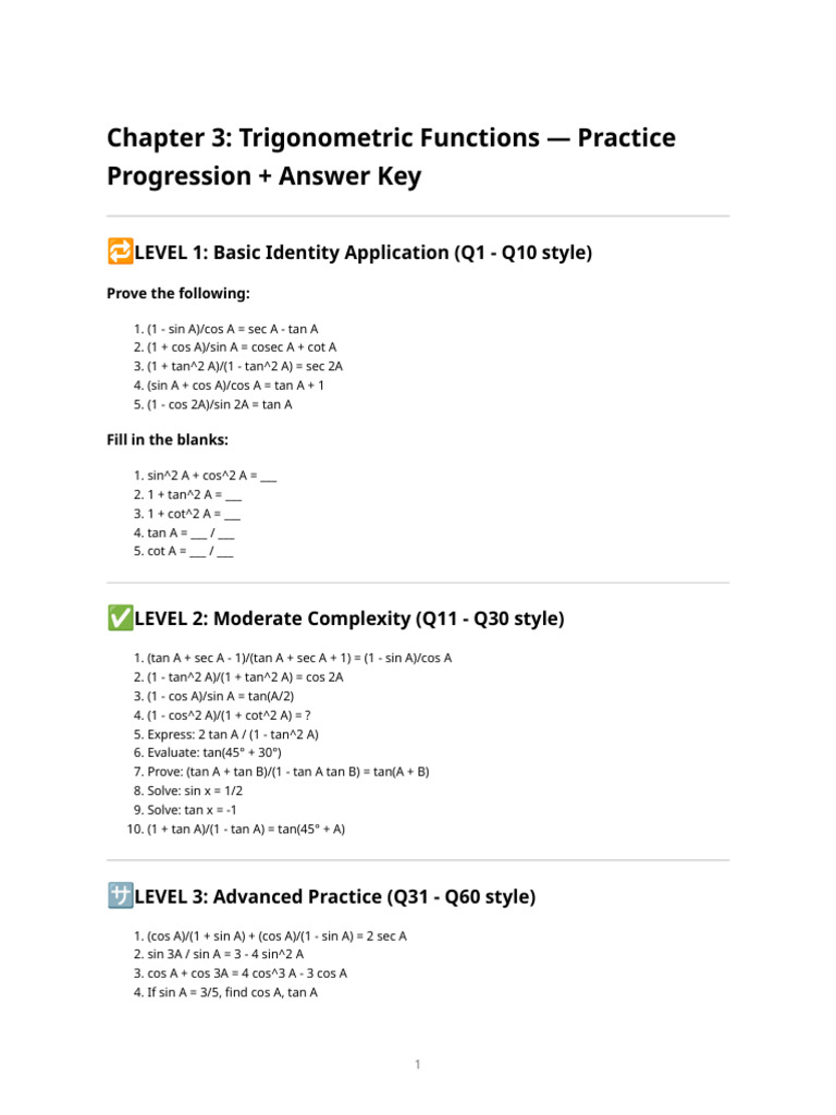 Trigonometric Functions Practice & Answers | PDF | Trigonometric ...