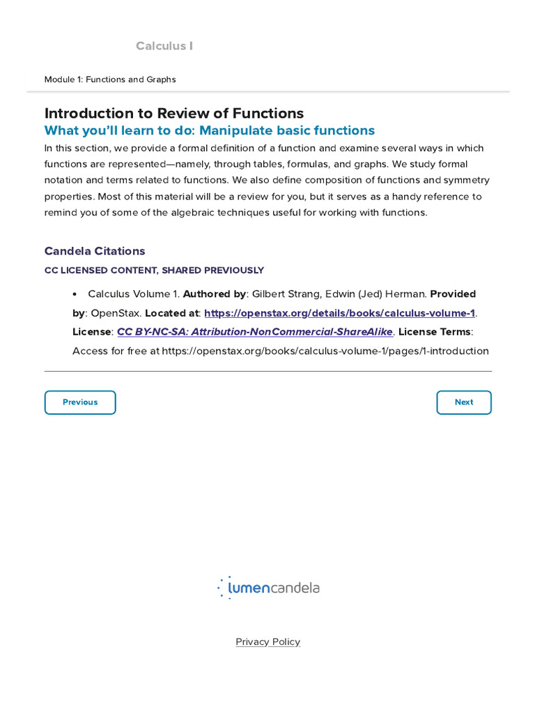 Introduction To Review of Functions - Calculus I | PDF