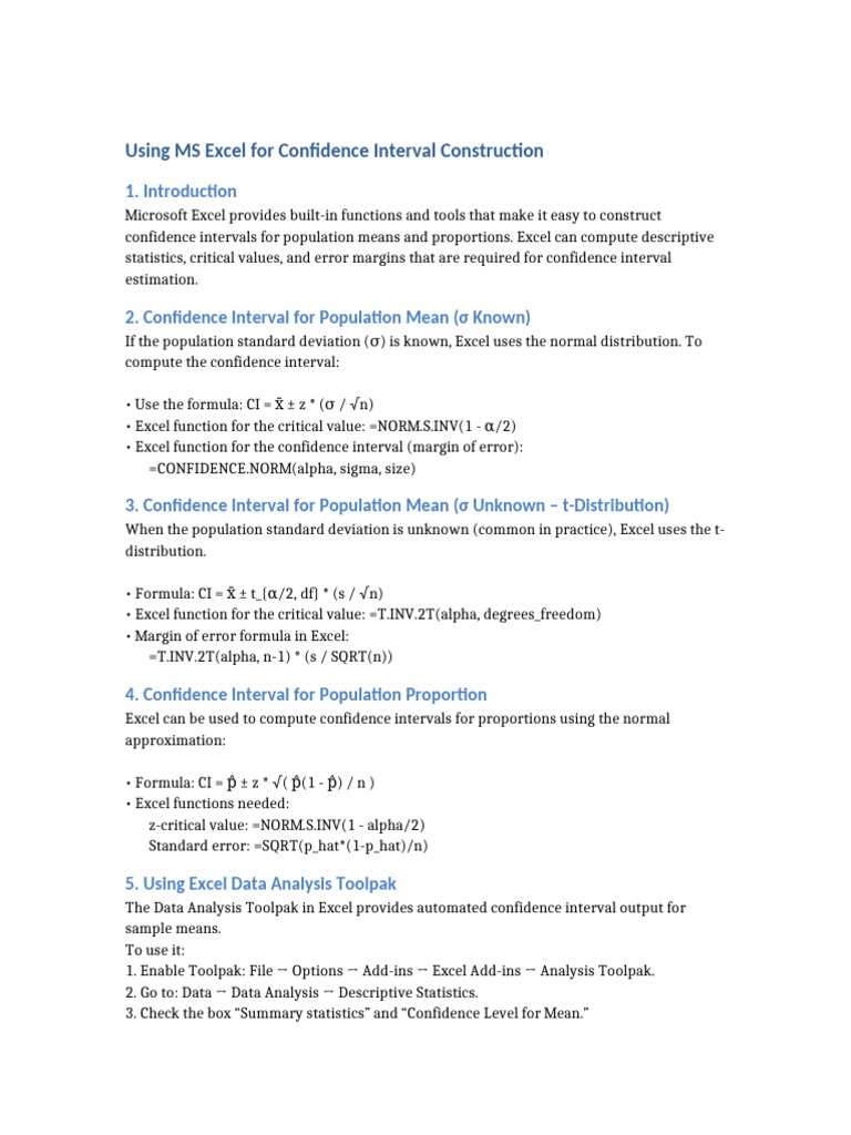Excel Confidence Interval Notes | PDF | Standard Deviation | Confidence ...