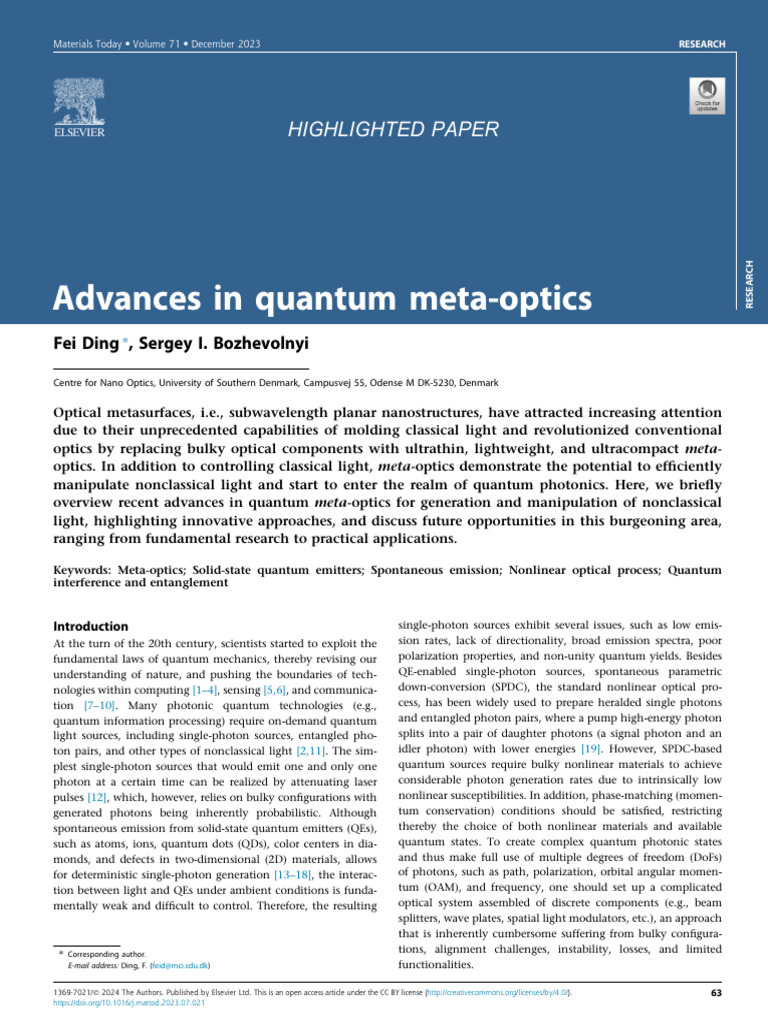 Advances in Quantum Meta-Optics | PDF | Photon | Nonlinear Optics