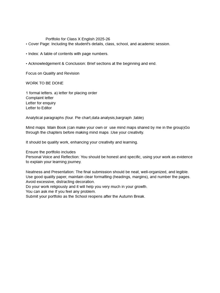 Portfolio For Class X English 2025-26 | PDF