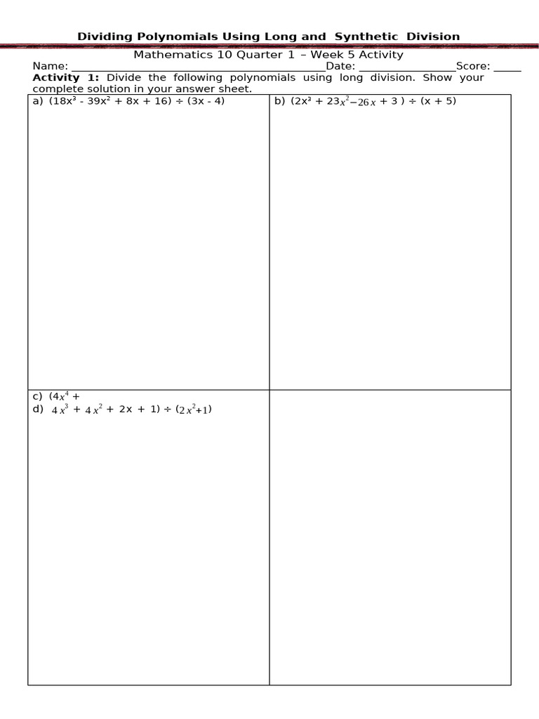 Math10 q1 Mod8 Long and Synthetic Division Activity | PDF