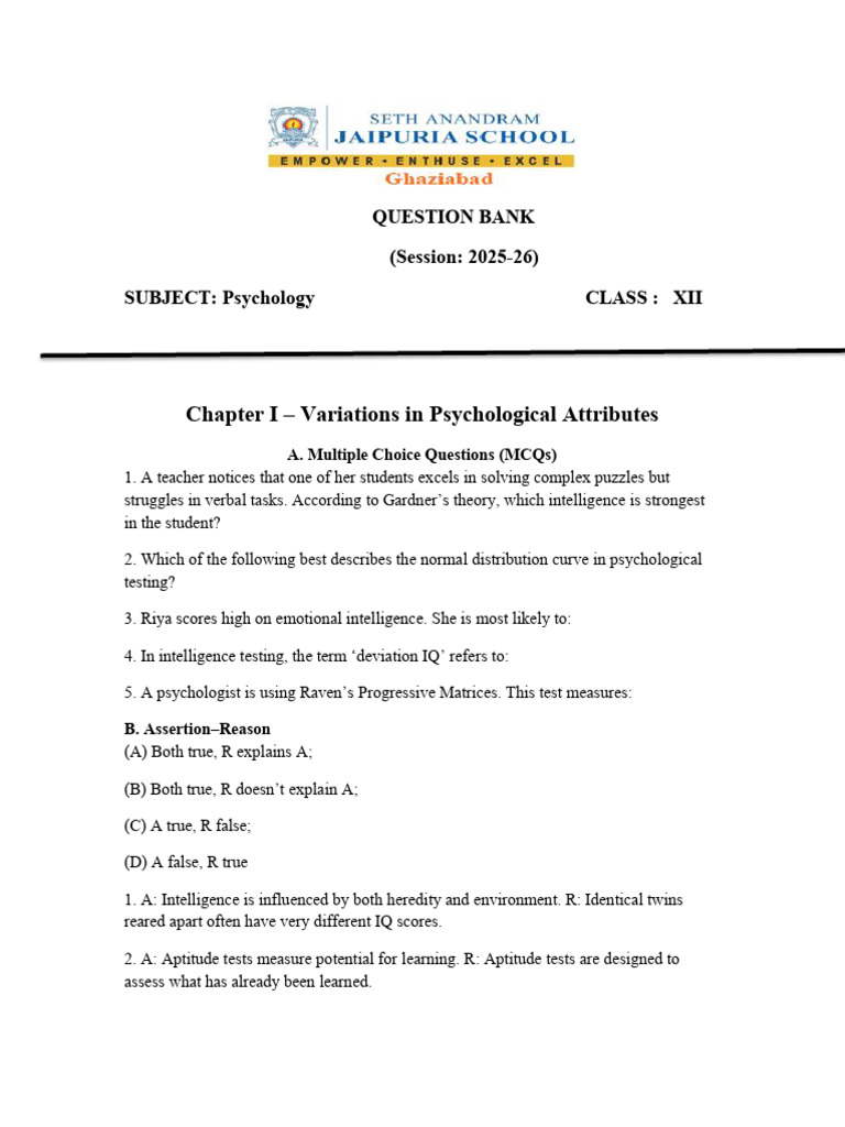 Psychology Question Bank for Class XII | PDF | Stress (Biology ...