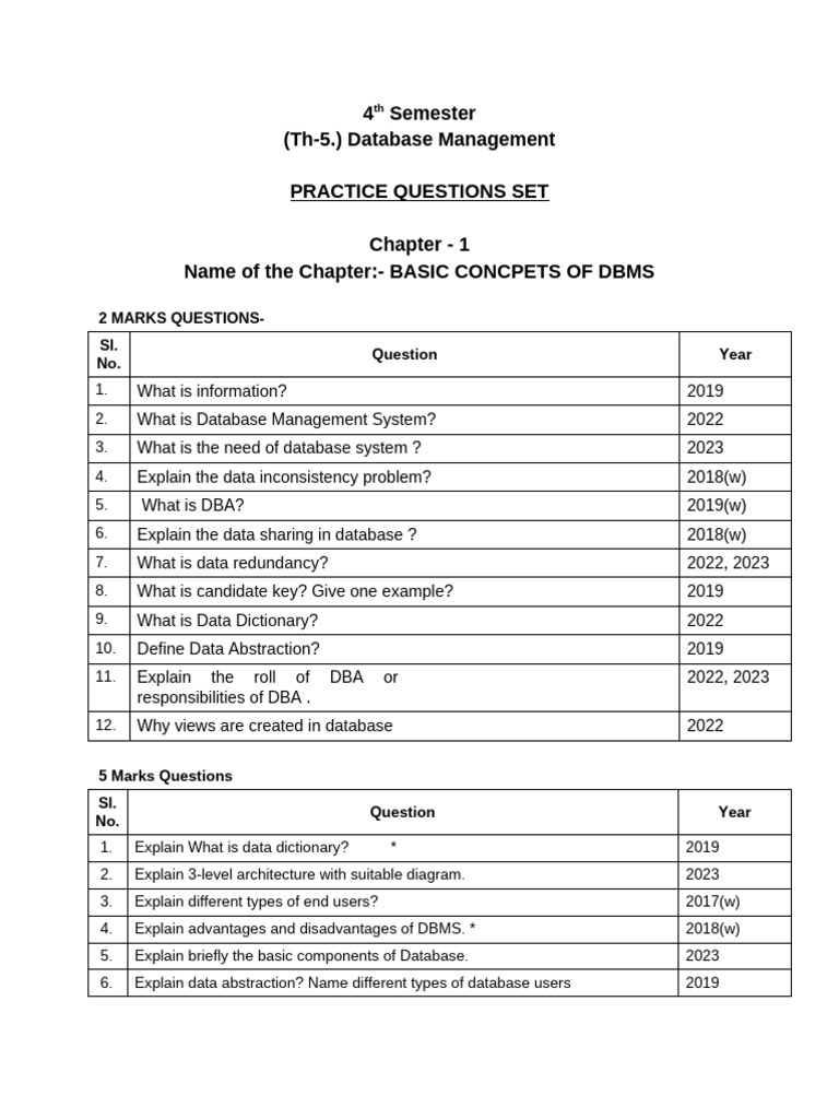 DBMS Practice Questions for 4th Semester | PDF | Data Model | Database ...