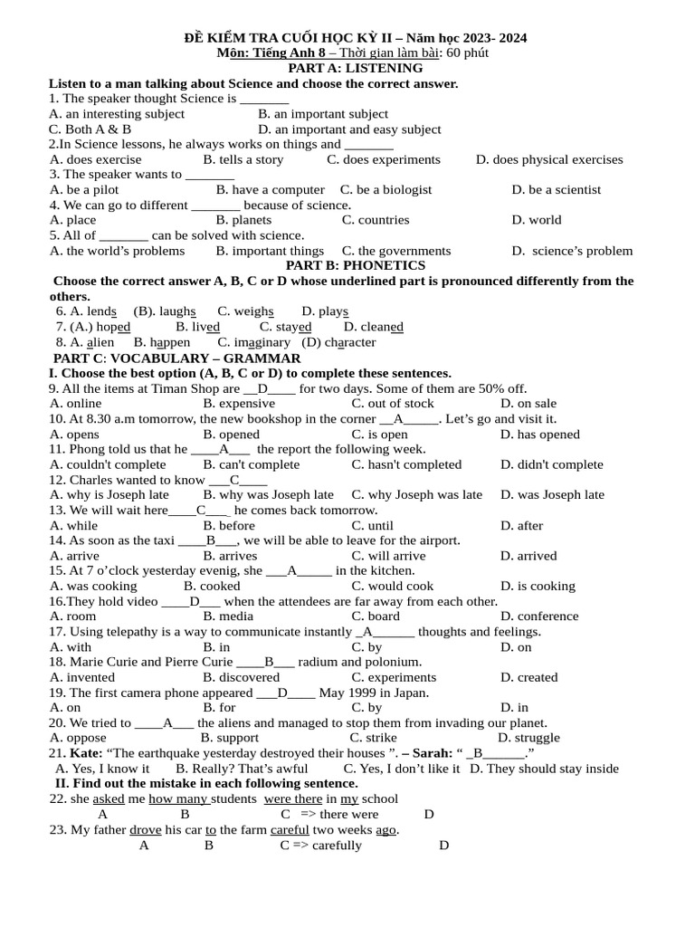 English 8 Final Exam 2023-2024 | PDF | Toothbrush | Plastic