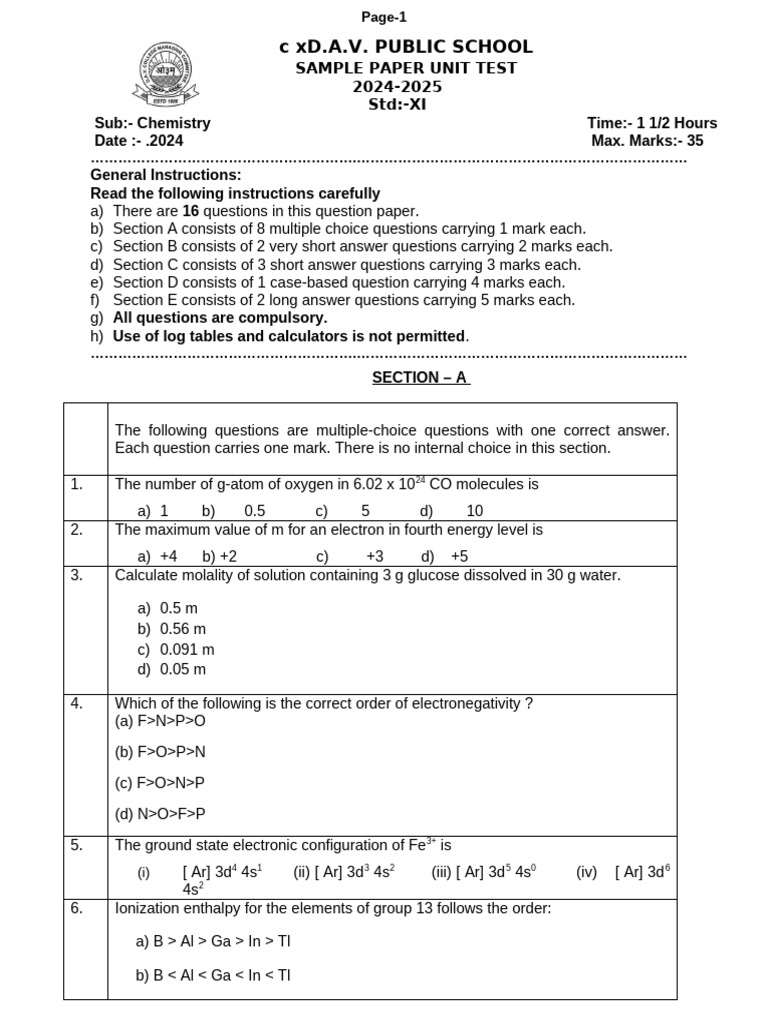 Chemistry Unit Test Sample Paper XI | PDF | Condensed Matter Physics ...