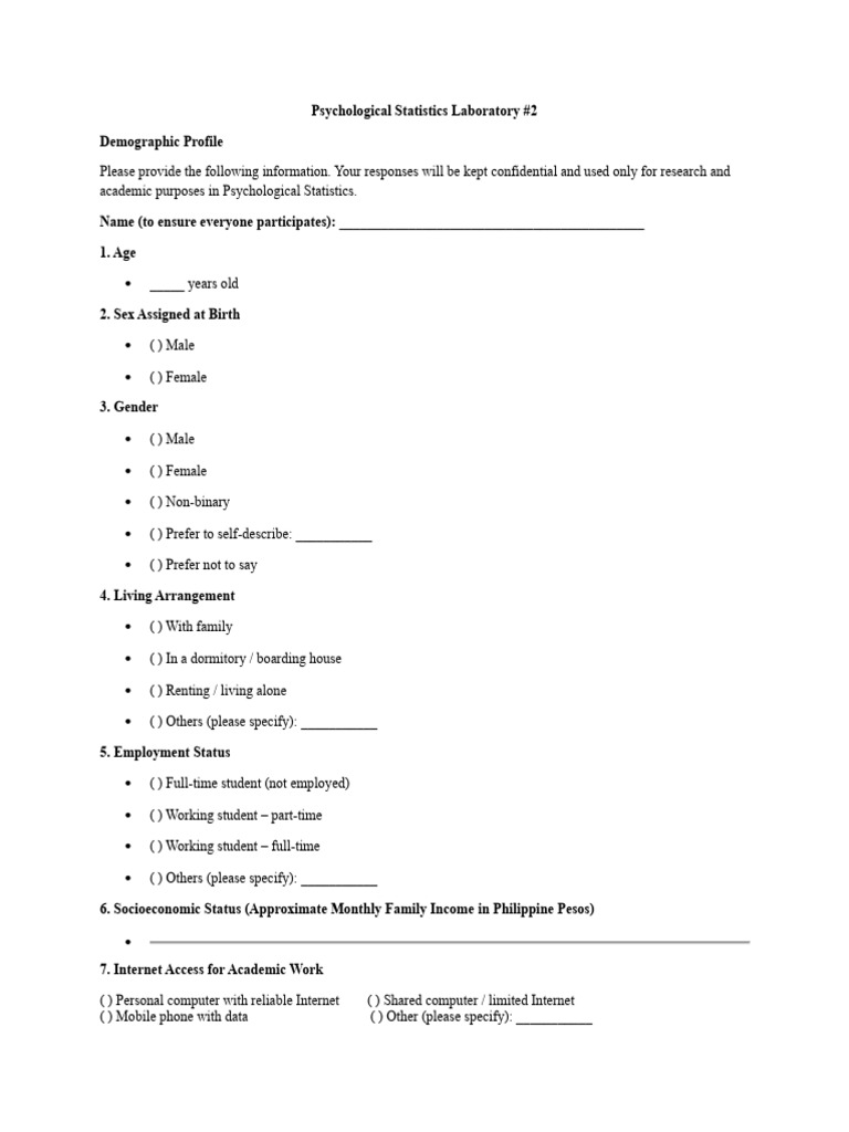 Psychological Statistics Lab Demographics | PDF | Psychological ...
