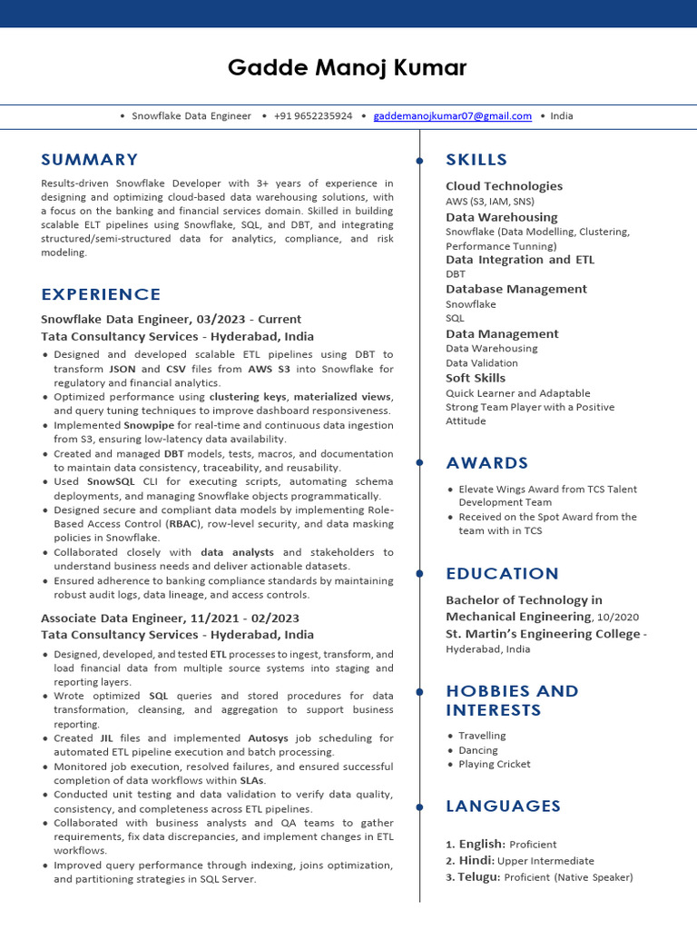 Gadde Manoj Kumar Snowflake Resume | PDF | Data Warehouse | Microsoft ...