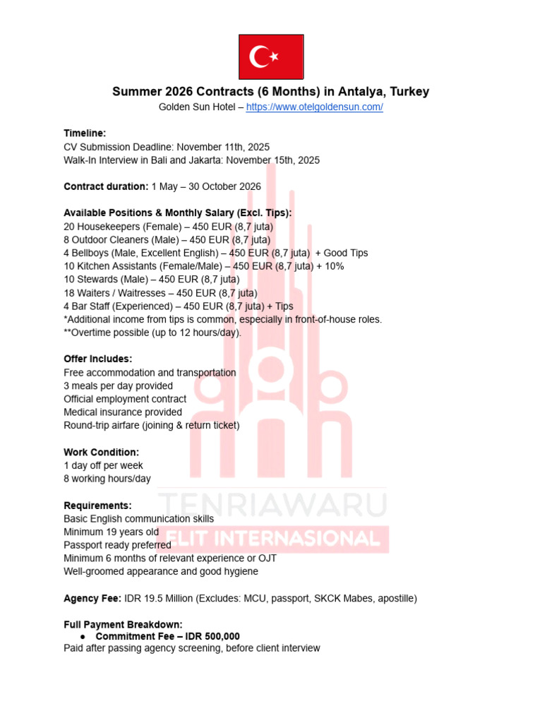 Summer 2026 Hotel Jobs in Antalya | PDF